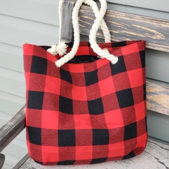 Bags | Red Black Buffalo Check Tote Bag With Rope Handles | Poshmark